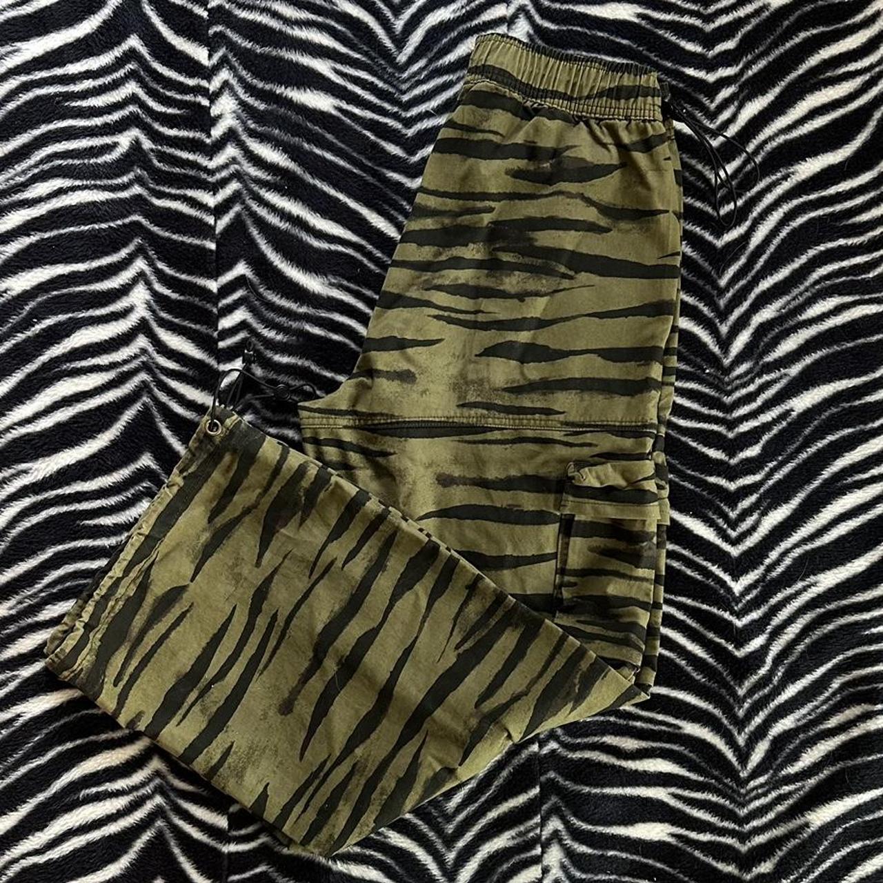 Dark olive green zebra cargo pants oversized fit... - Depop