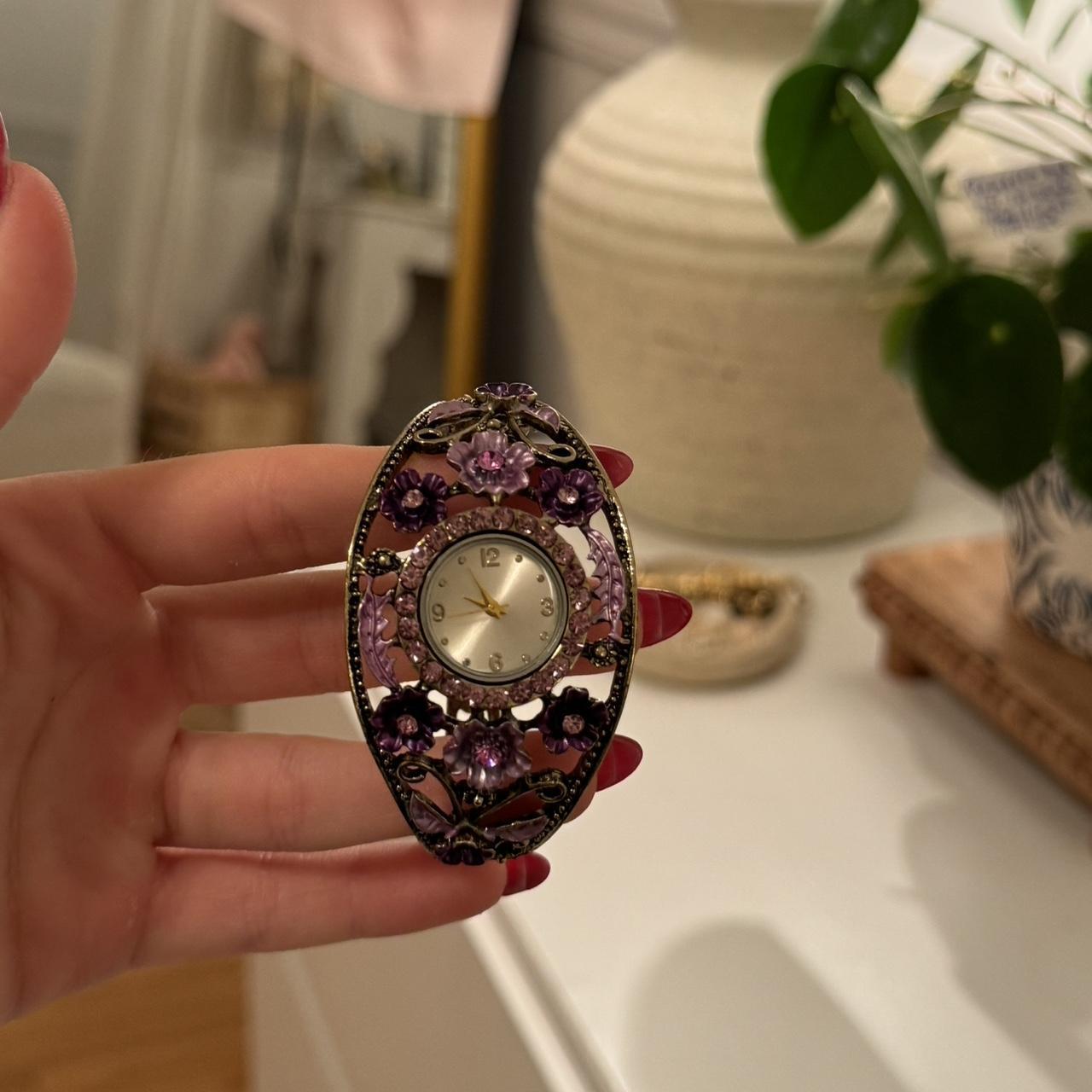Vintage bangle watch⭐️ Purple flower band Gold... - Depop
