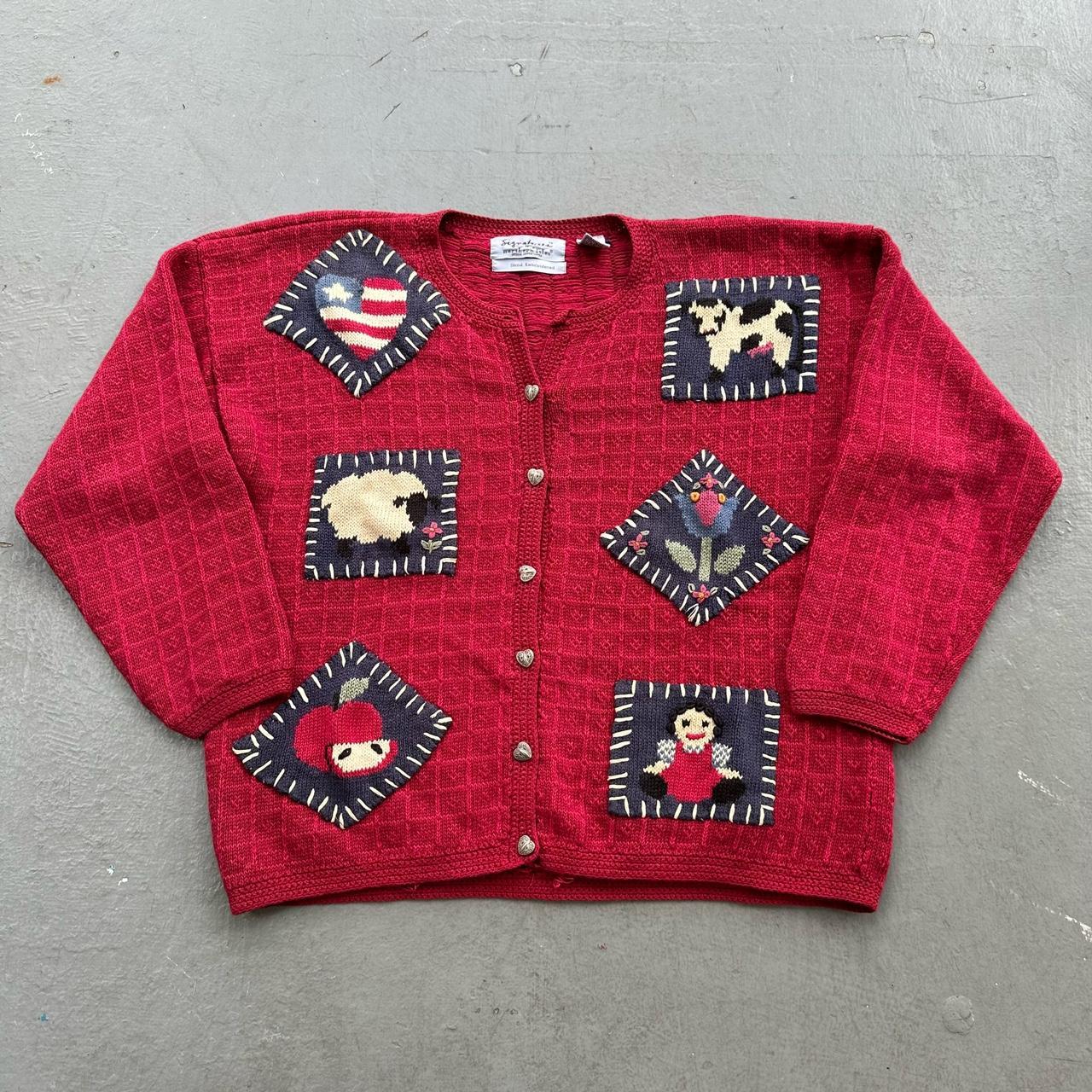 Kidcore 90s Farm Cardigan Sweater - Red Medium by... - Depop