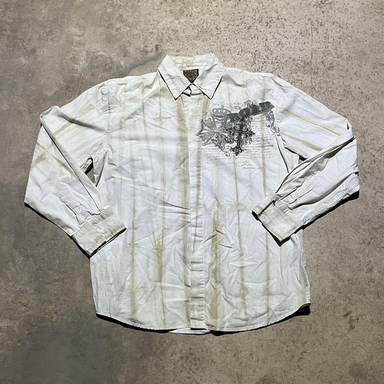 INSANE Y2K BUTTON UP crazy y2k front and back... | Depop