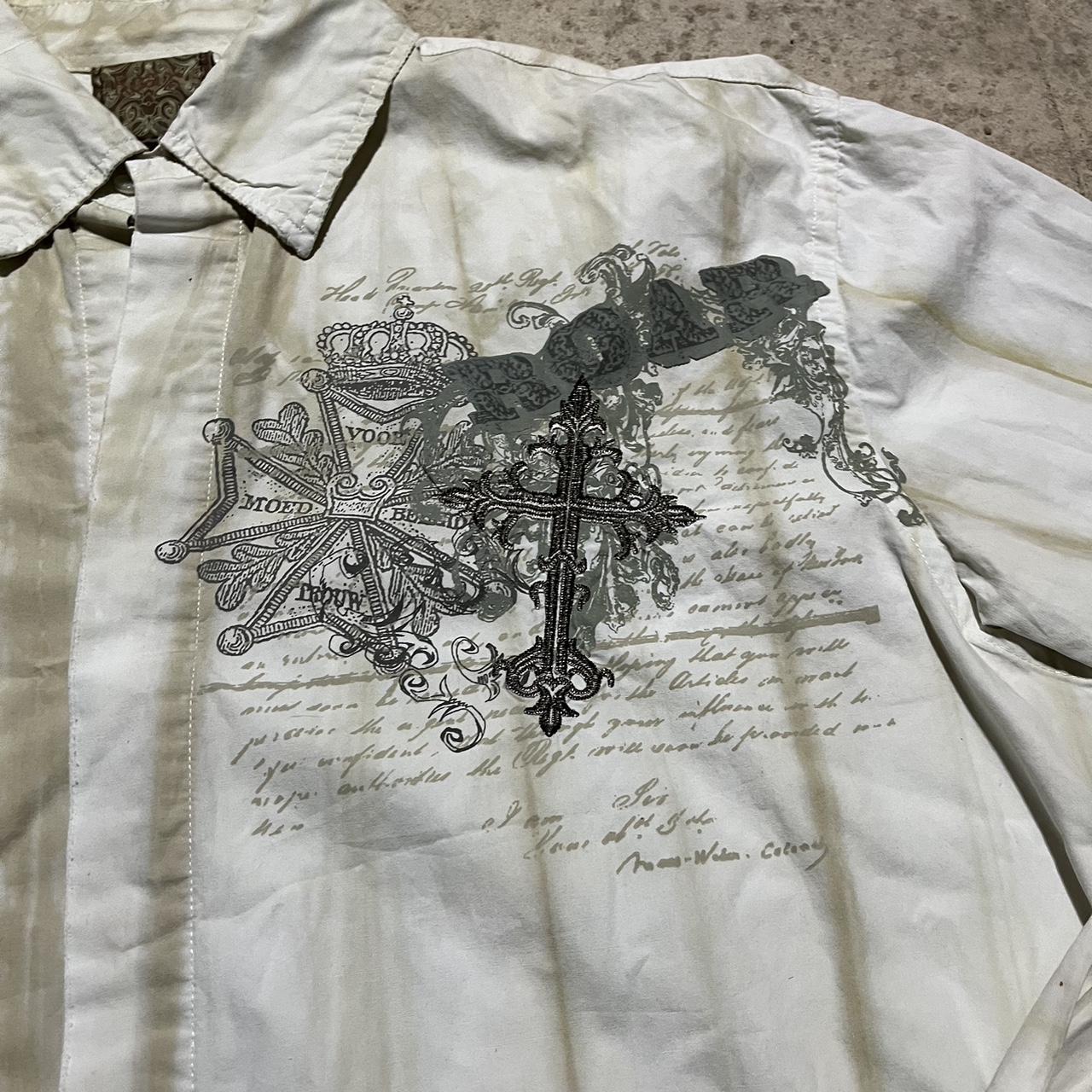 INSANE Y2K BUTTON UP crazy y2k front and back... | Depop