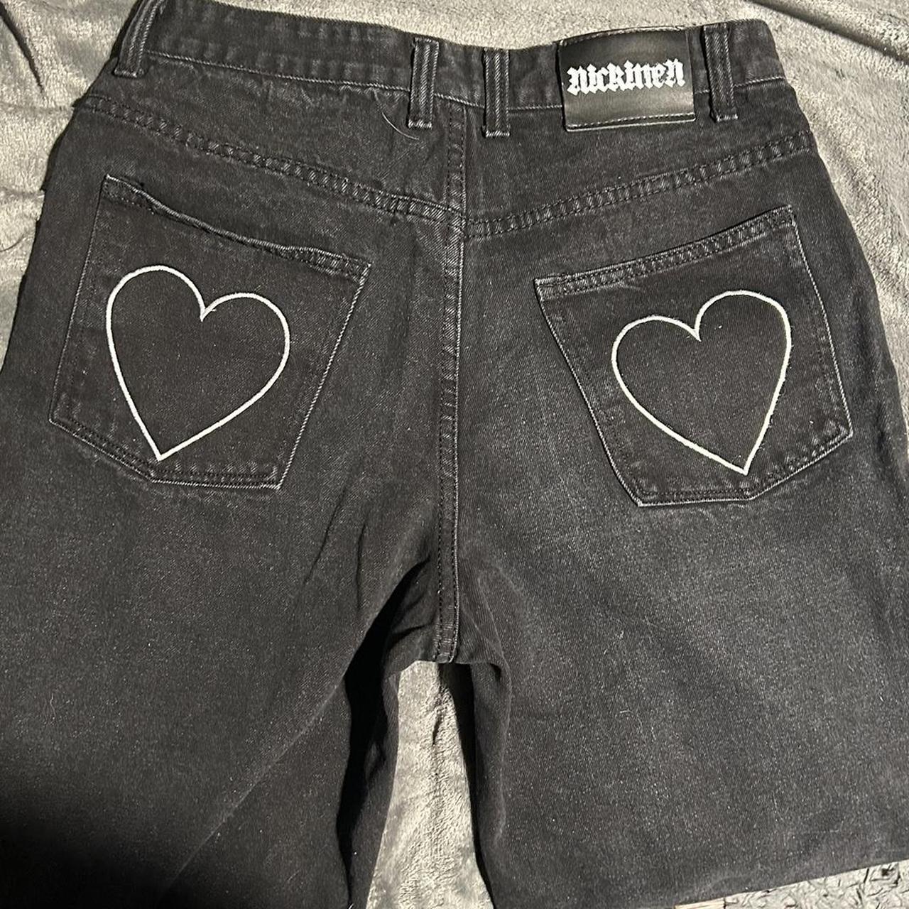 baggy black 2022 nickitten emo heart jeans leg... - Depop