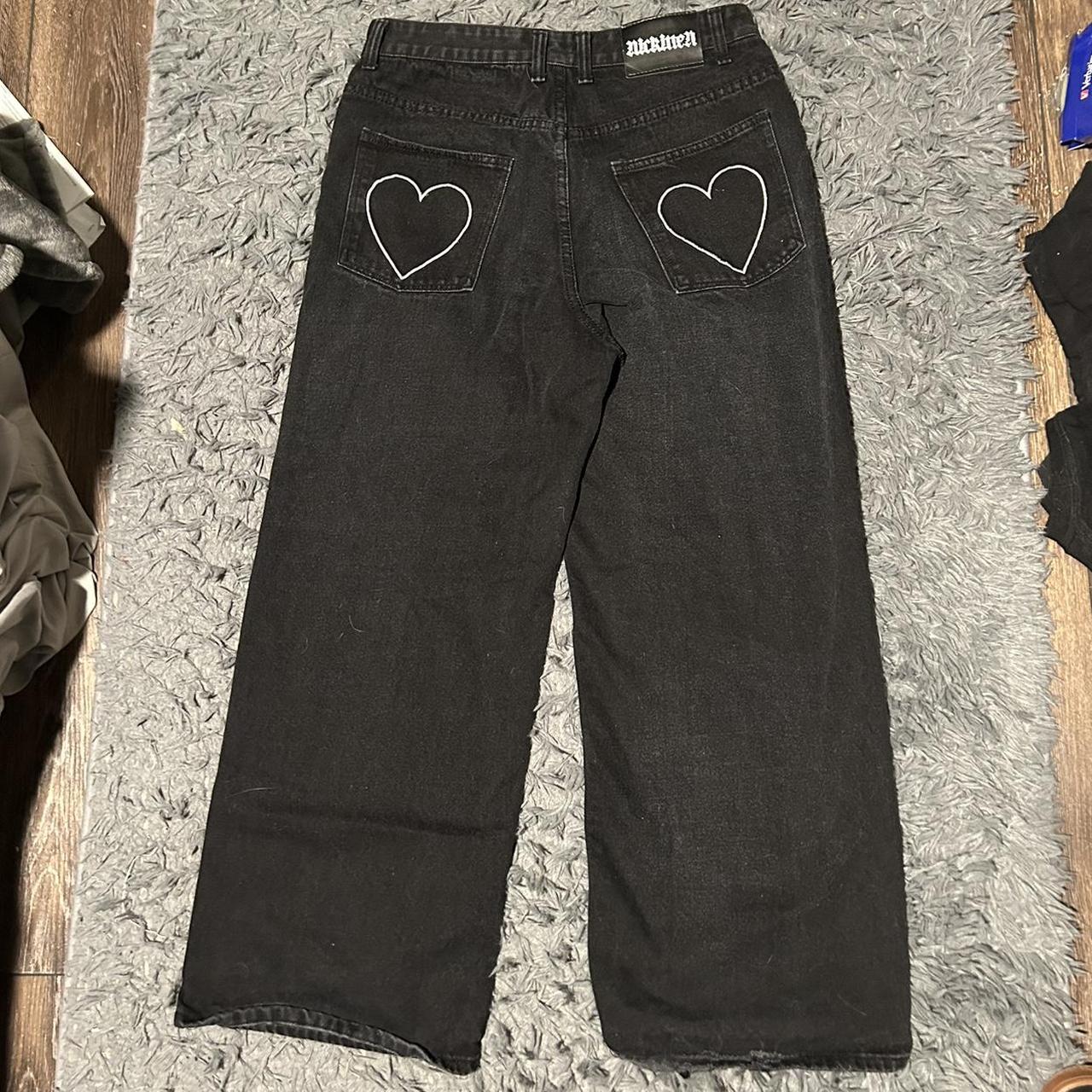 baggy black 2022 nickitten emo heart jeans leg... - Depop