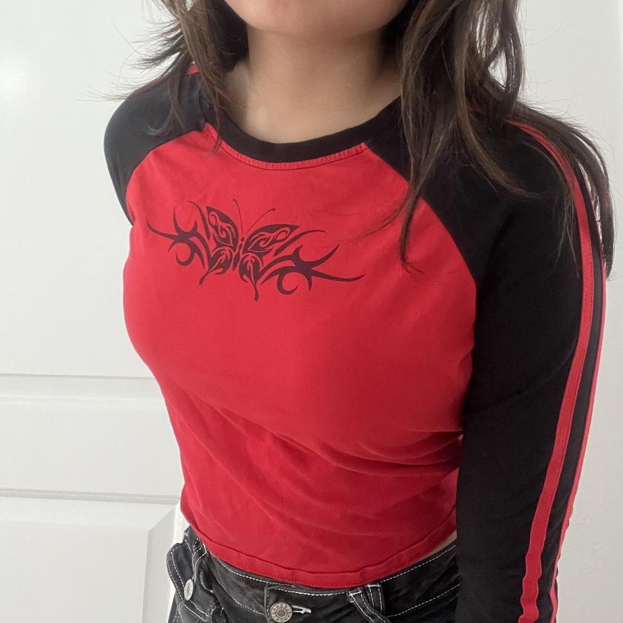 hot topic red and black long sleeve crop top with... | Depop