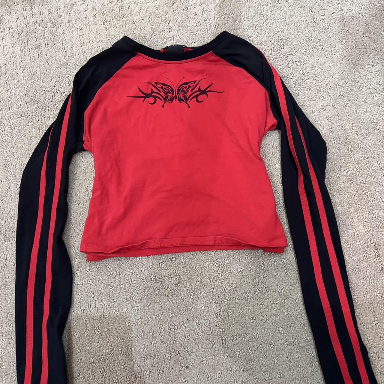 hot topic red and black long sleeve crop top with... | Depop