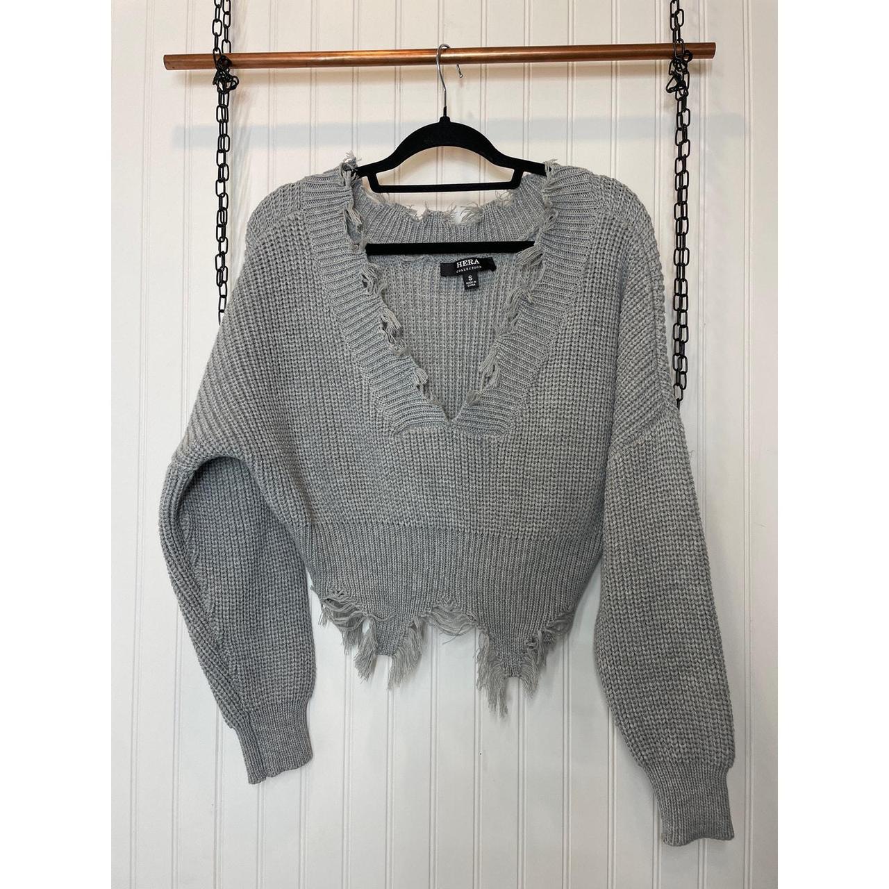 Hera Collection Gray Distressed Look Deep V-Neck... - Depop