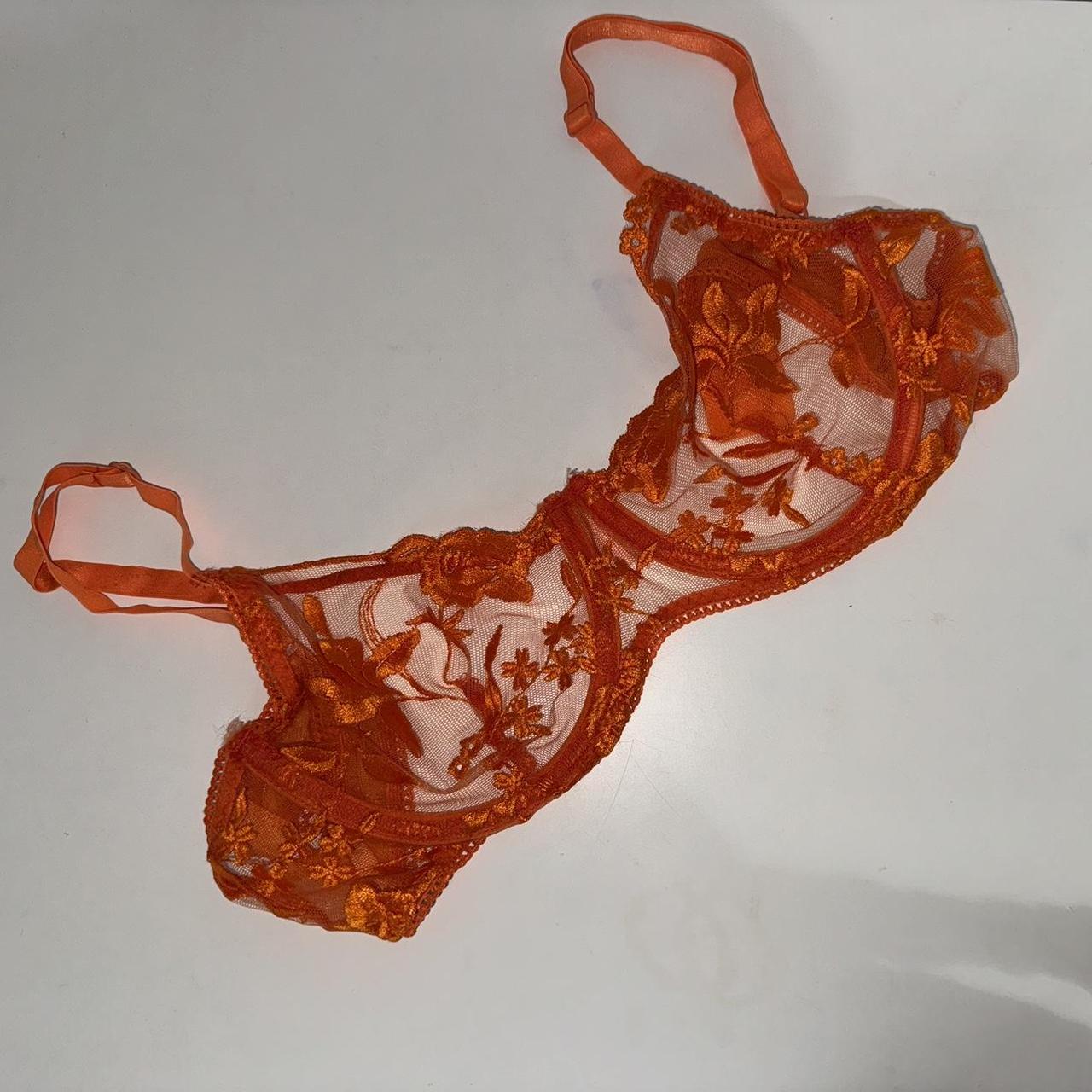 Orange sheer mesh lace bra Never been worn Size... - Depop
