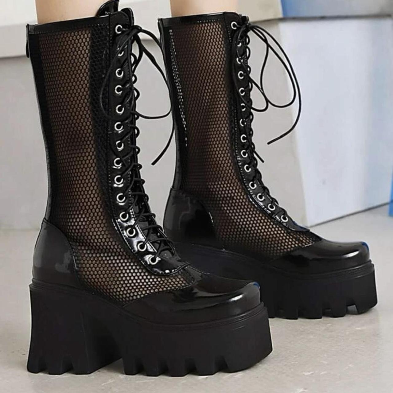 PU Leather and mesh platform boots. Zipper... - Depop