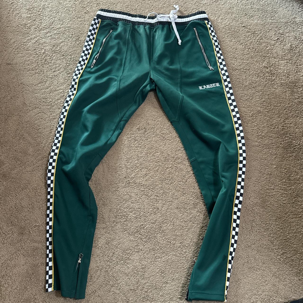 KARGER Green and yellow checkered track pants (XL... | Depop
