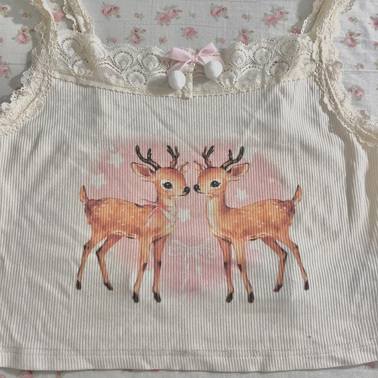 Lace Splice Deer Pattern Tank Top With Bow... - Depop