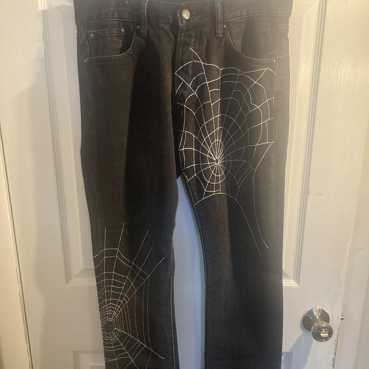 MNML black embroidered spiderweb jeans with unhemmed... - Depop
