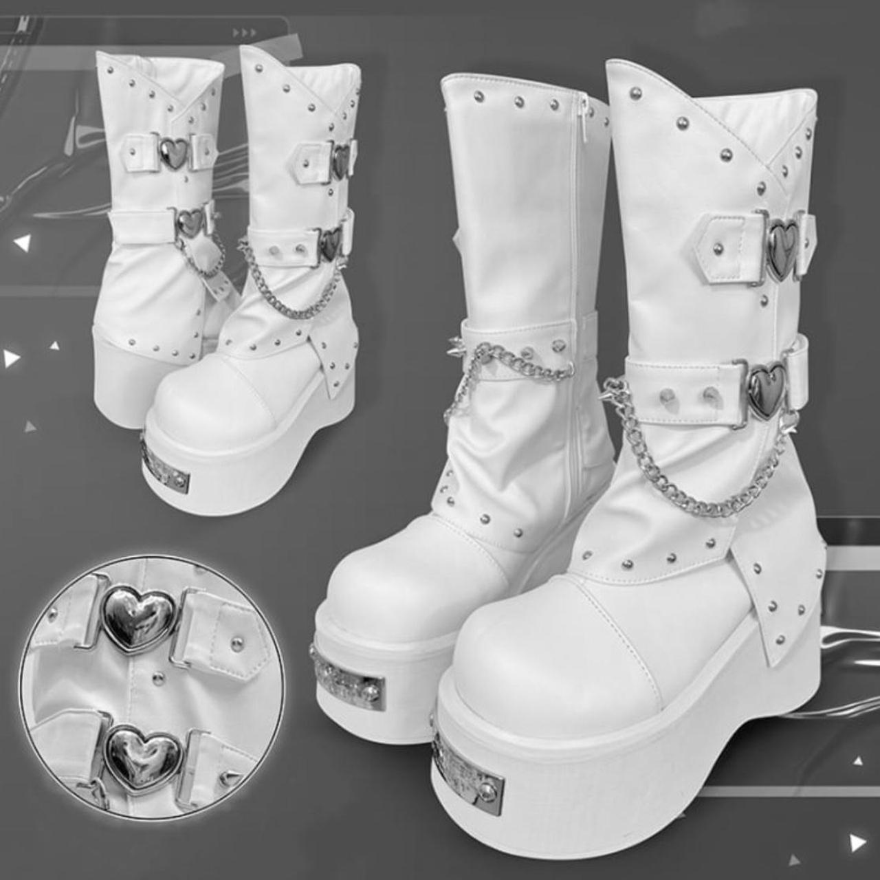 Punk Silver-tone Studs White Goth Platform Boots... - Depop
