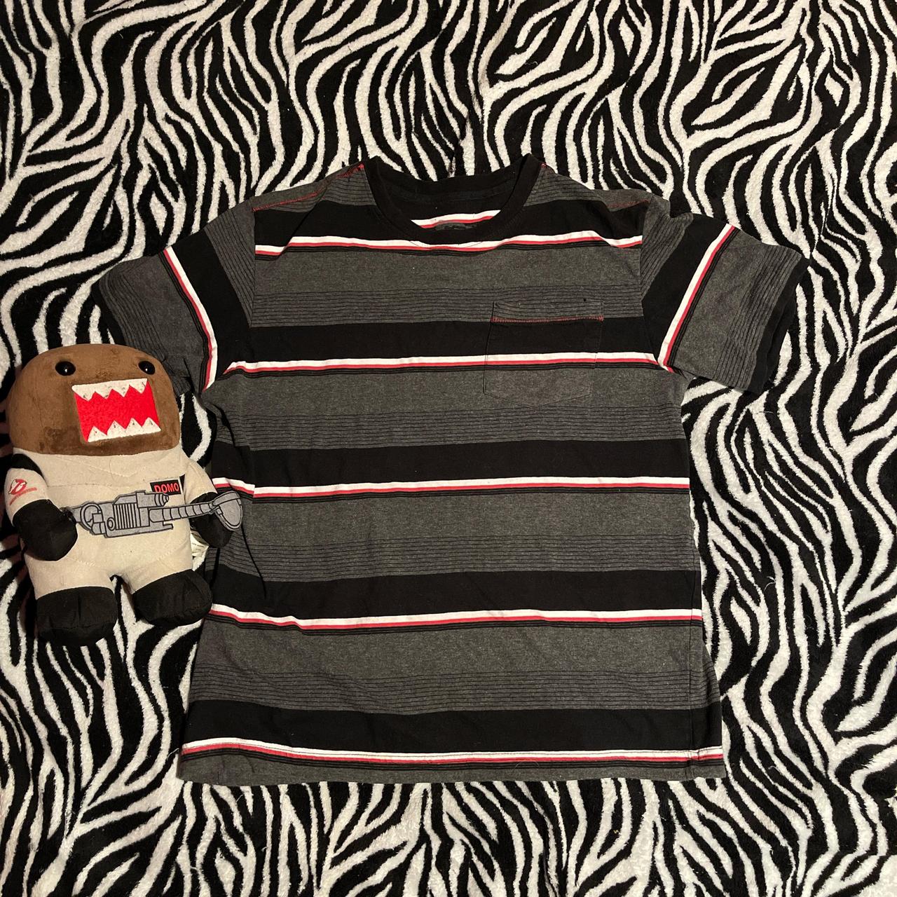 Small Grey, white and red striped emo shirt w/ a... | Depop