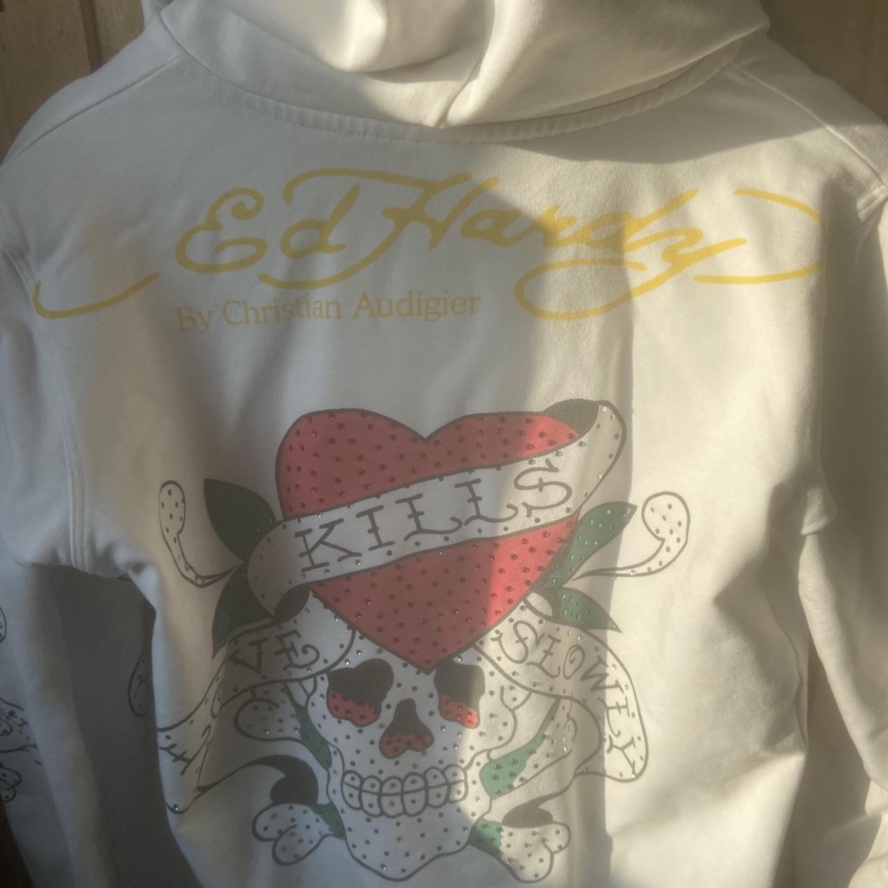 Ed Hardy Women's White and Yellow Hoodie | Depop