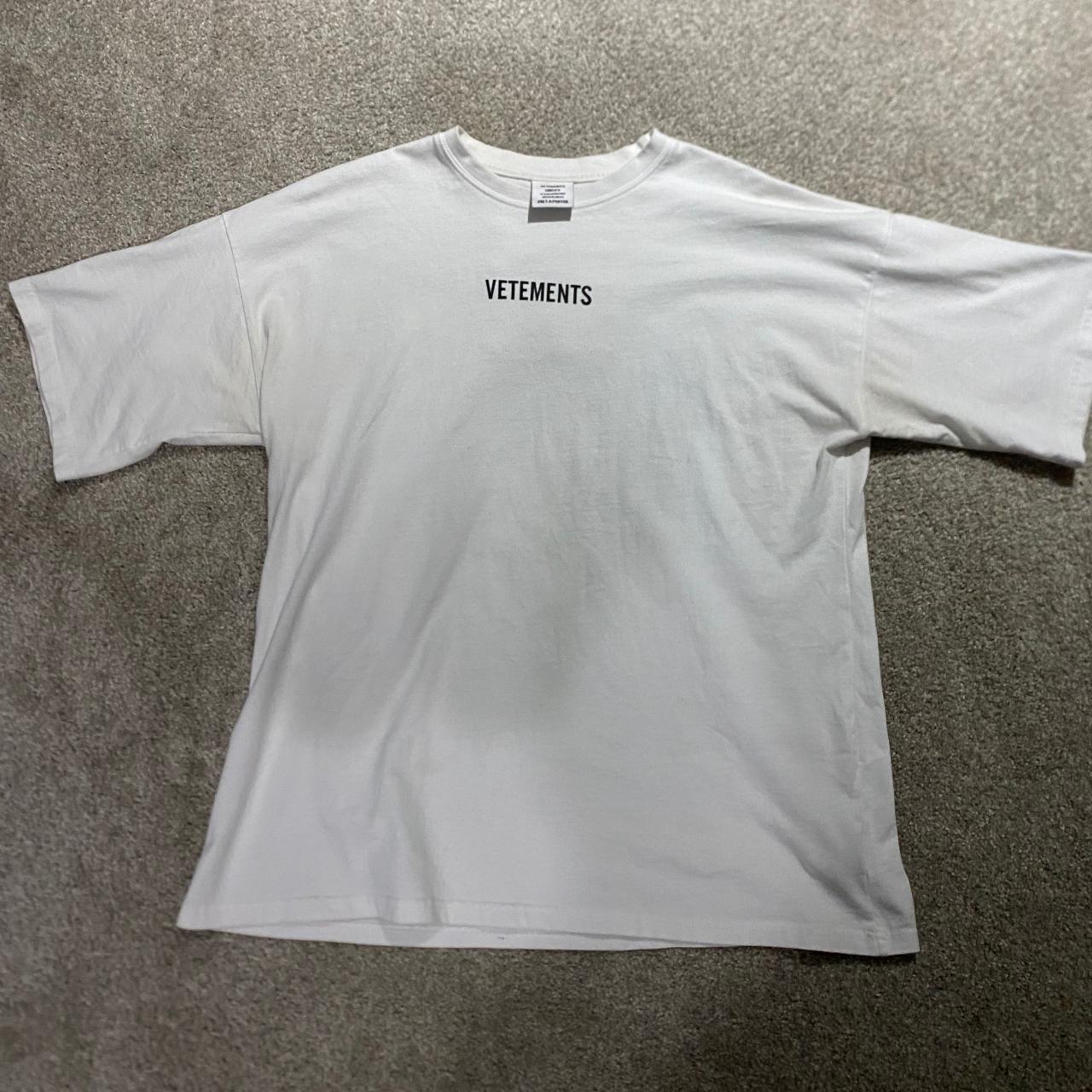 white VETEMENTS shirt size large good condition... - Depop