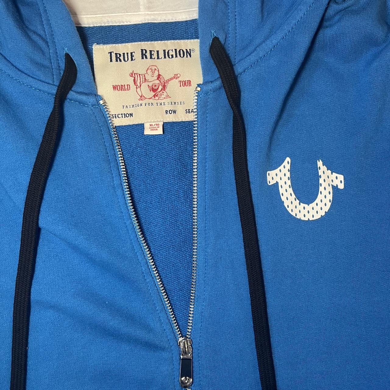 Blue true religion men’s zip up hoodie size XL - Depop