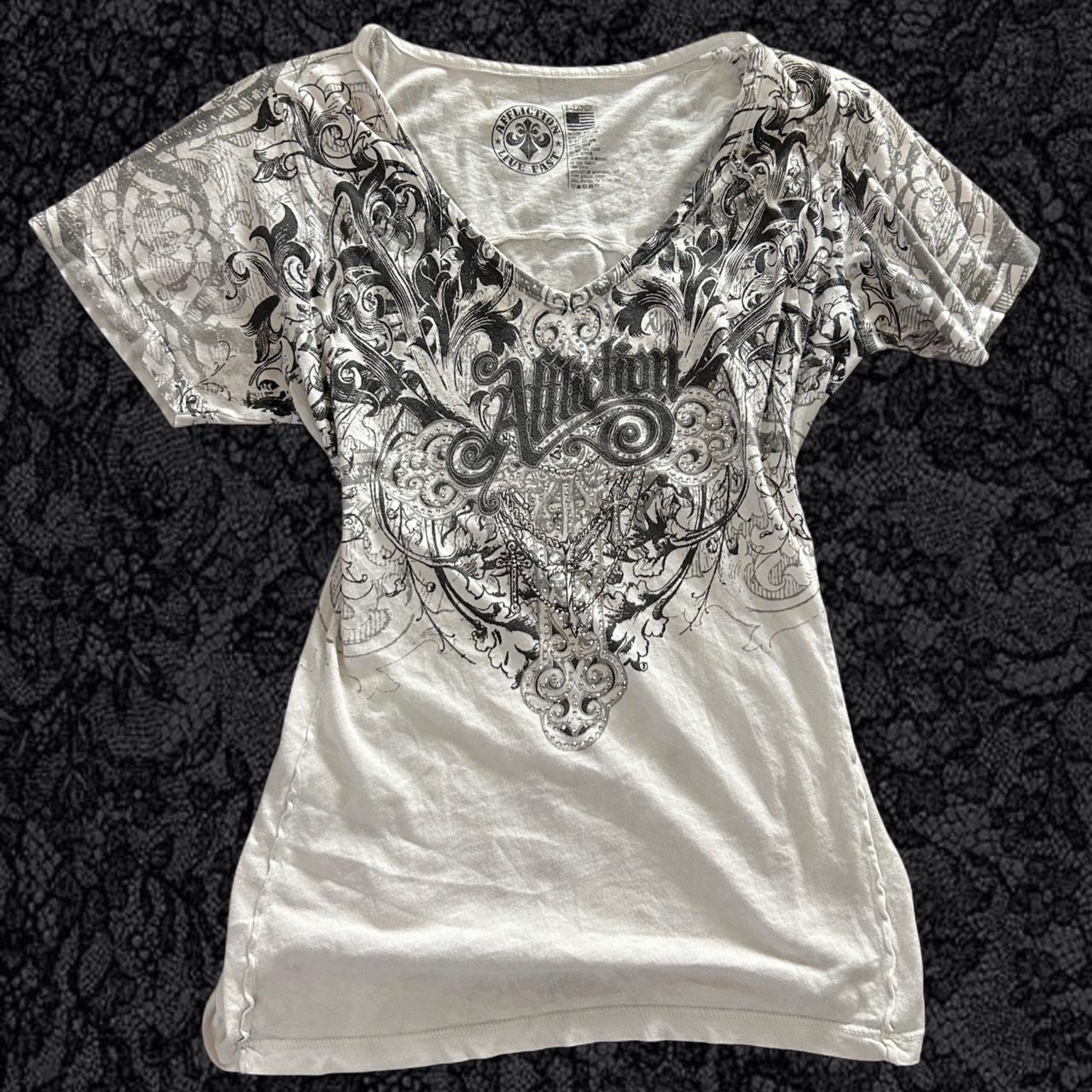Affliction white & black shirt with rhinestones... - Depop