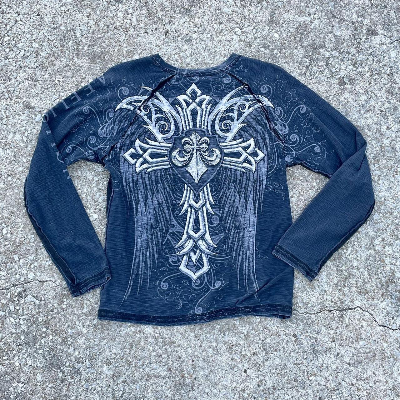 Crazy affliction all over print long sleeve Size... - Depop