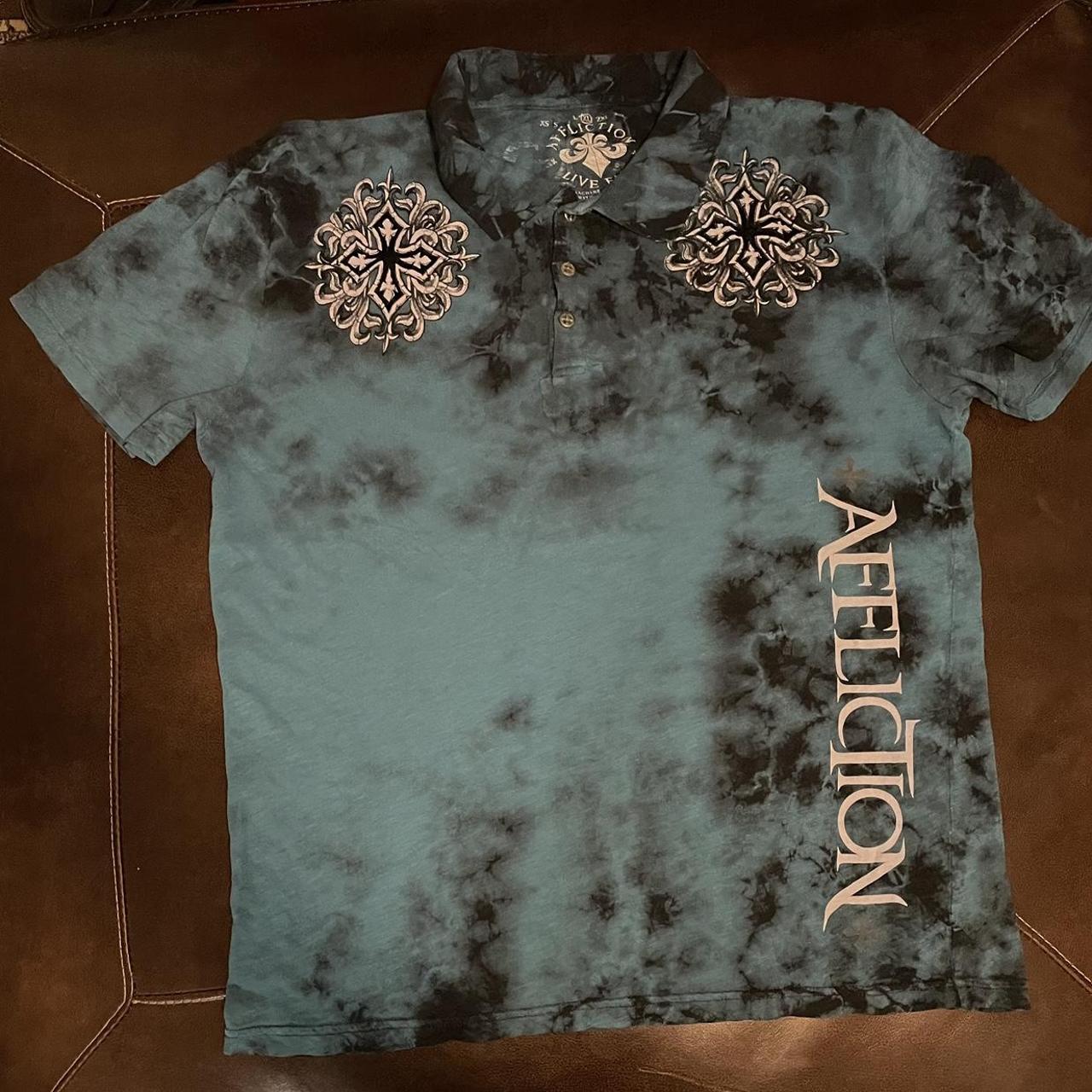 Affliction Men's Blue and White Shirt | Depop