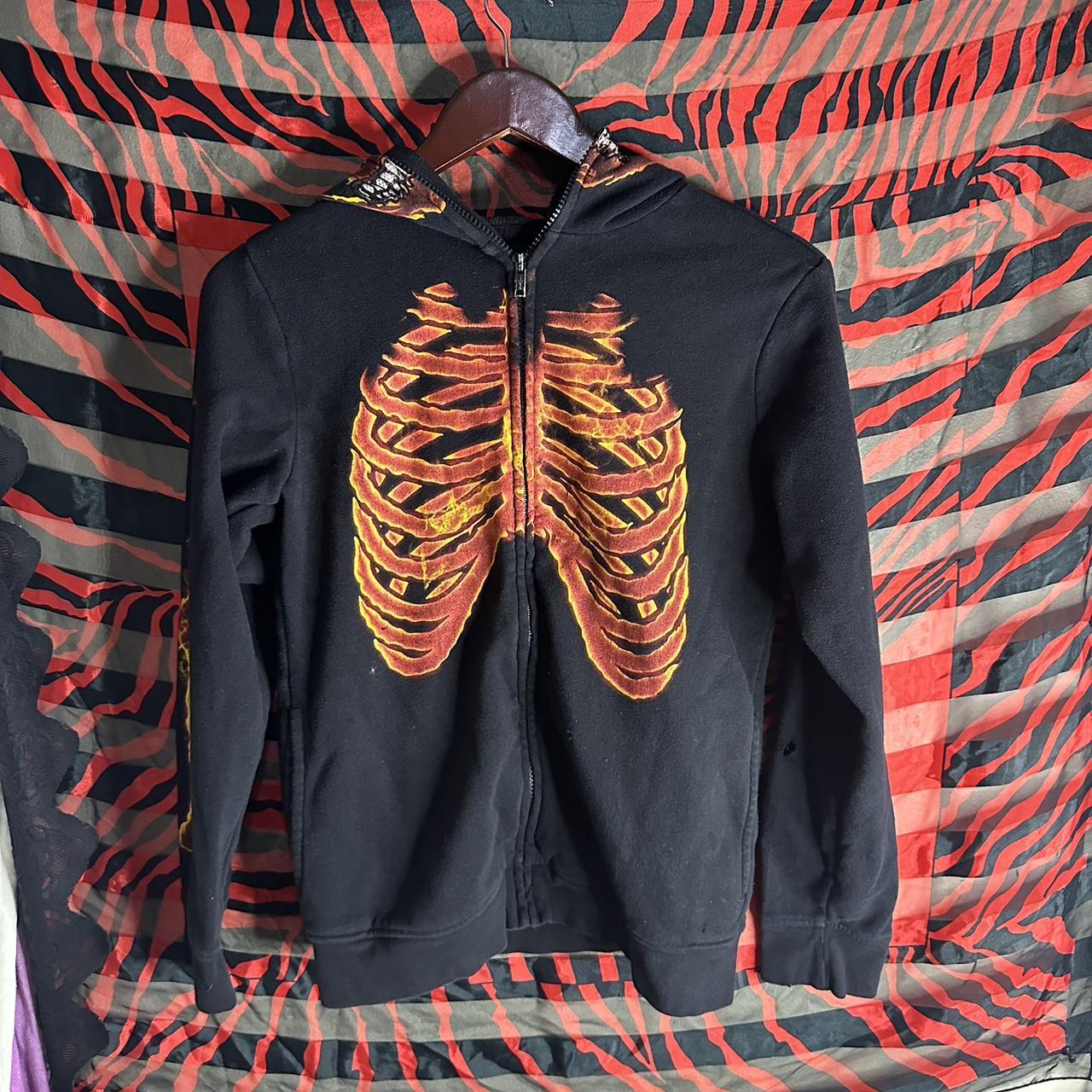 Black and red skeleton zip-up hoodie with skulls and... - Depop