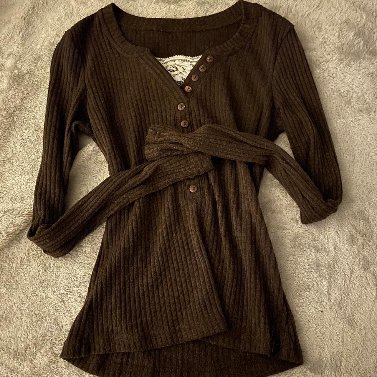 dark brown button up lace shirt best fits size... - Depop