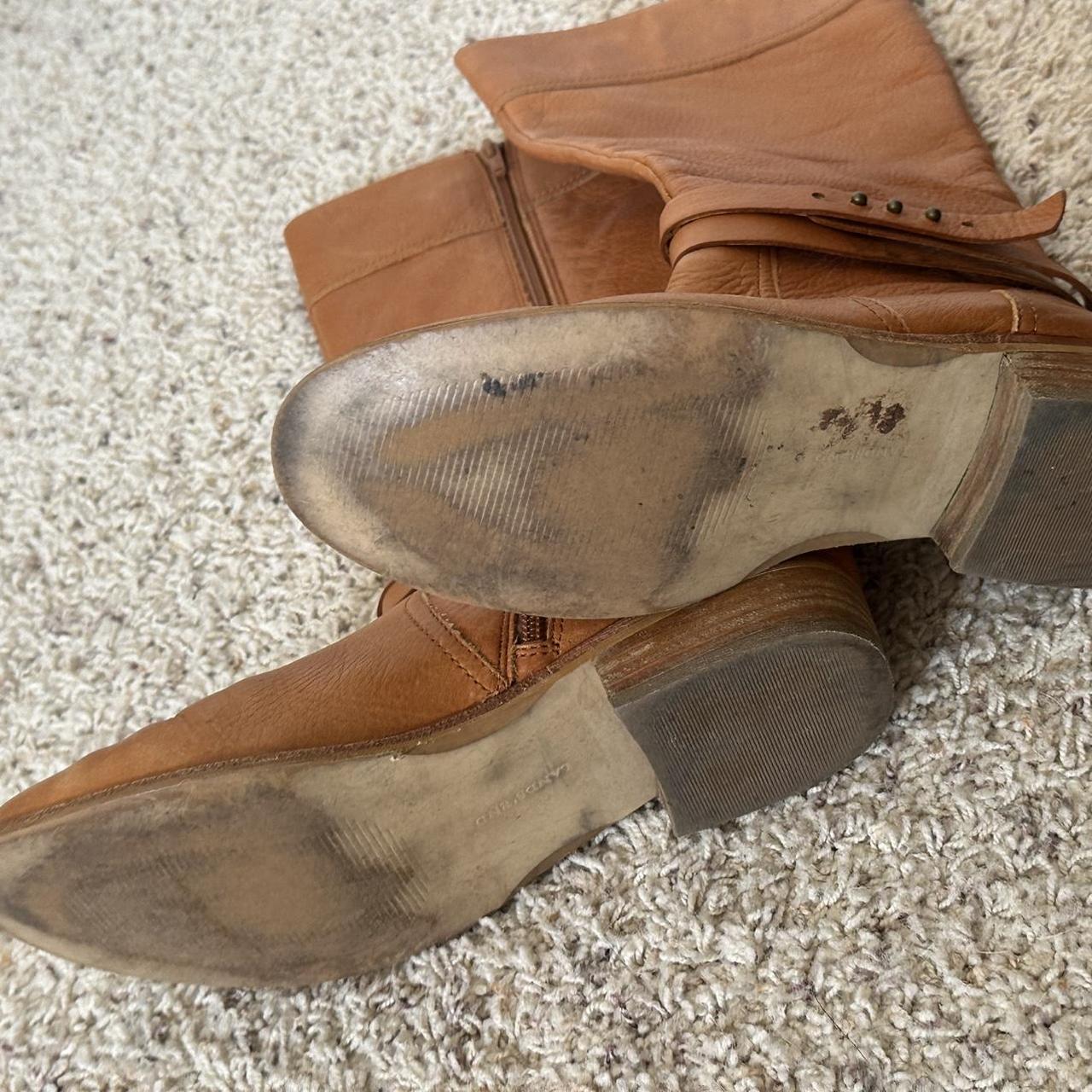 Tan leather shin-high boots with buckle and zipper... | Depop