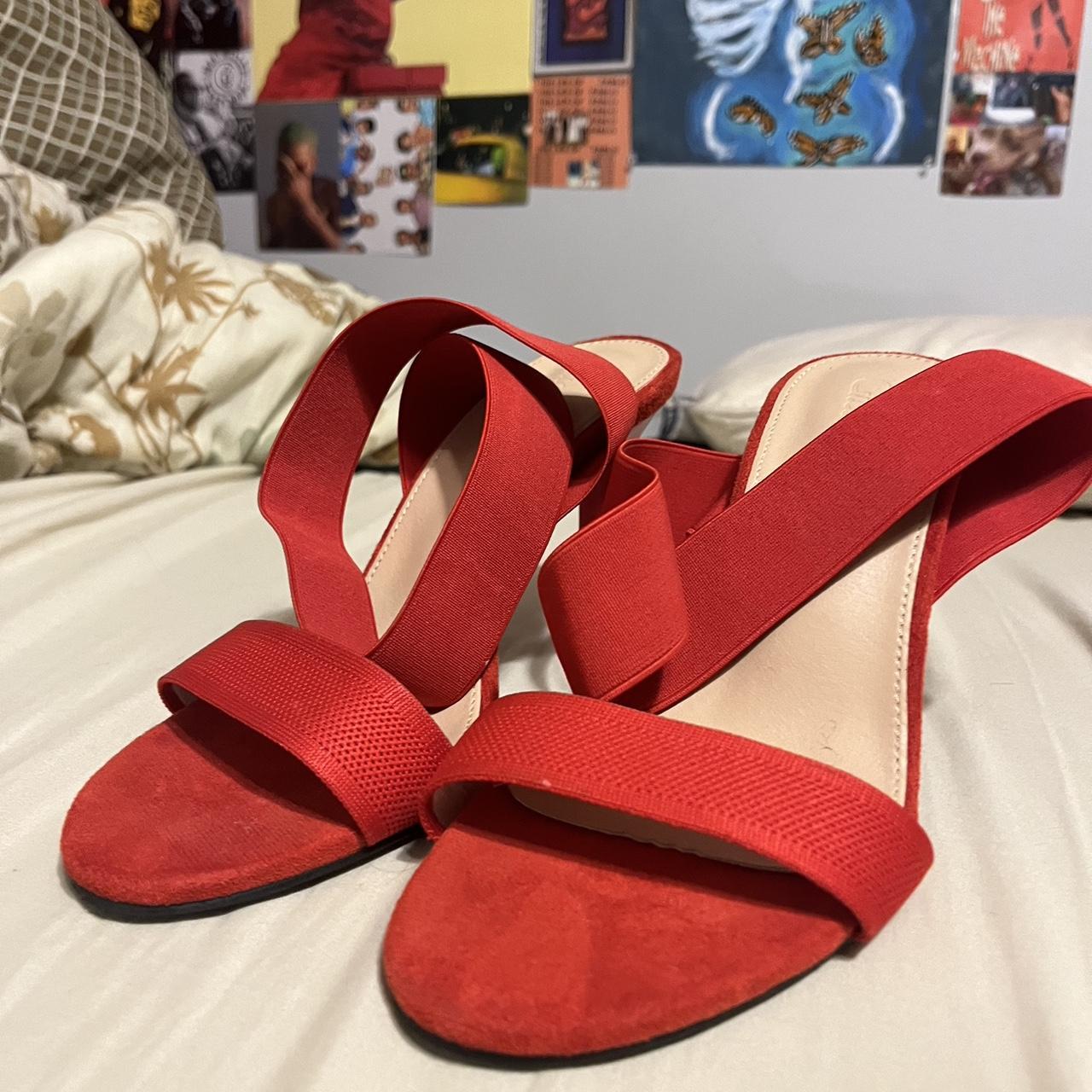 size 7 velvety 2 inch red heels wraparound the ankle... - Depop