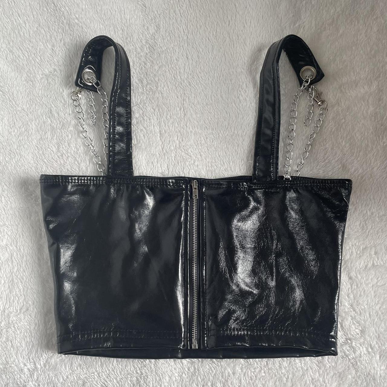 Black PVC Zip Front Crop Top with Chain Detail... - Depop