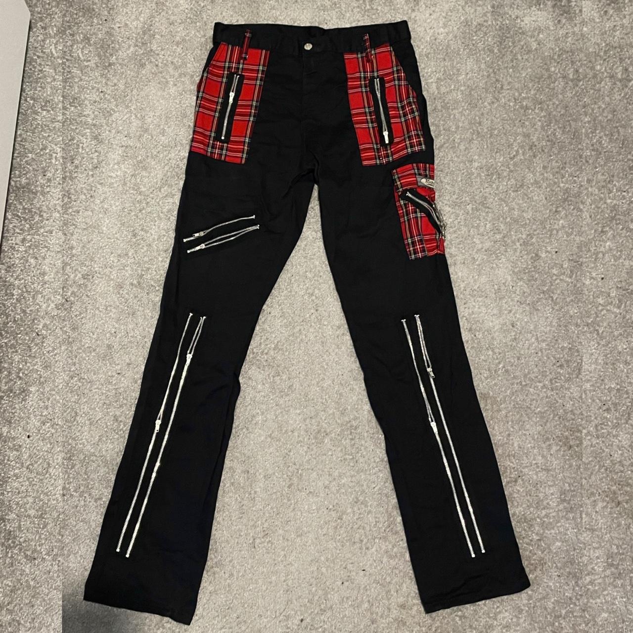 Black and Red Tartan Punk Trousers With Zip... - Depop