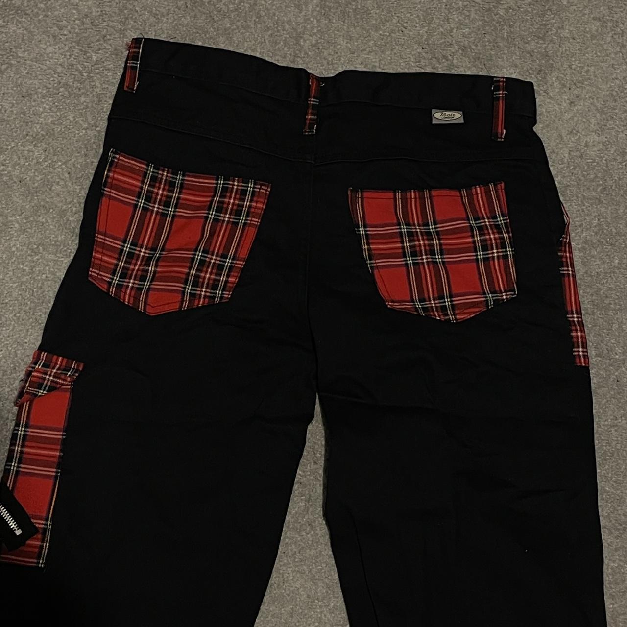 Black and Red Tartan Punk Trousers With Zip... - Depop