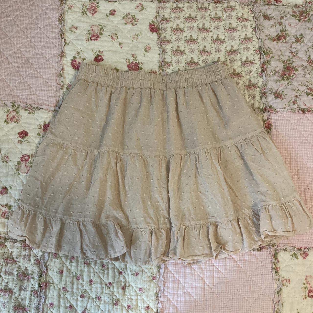 cream swiss dot ruffle mini skirt -stretchy... - Depop