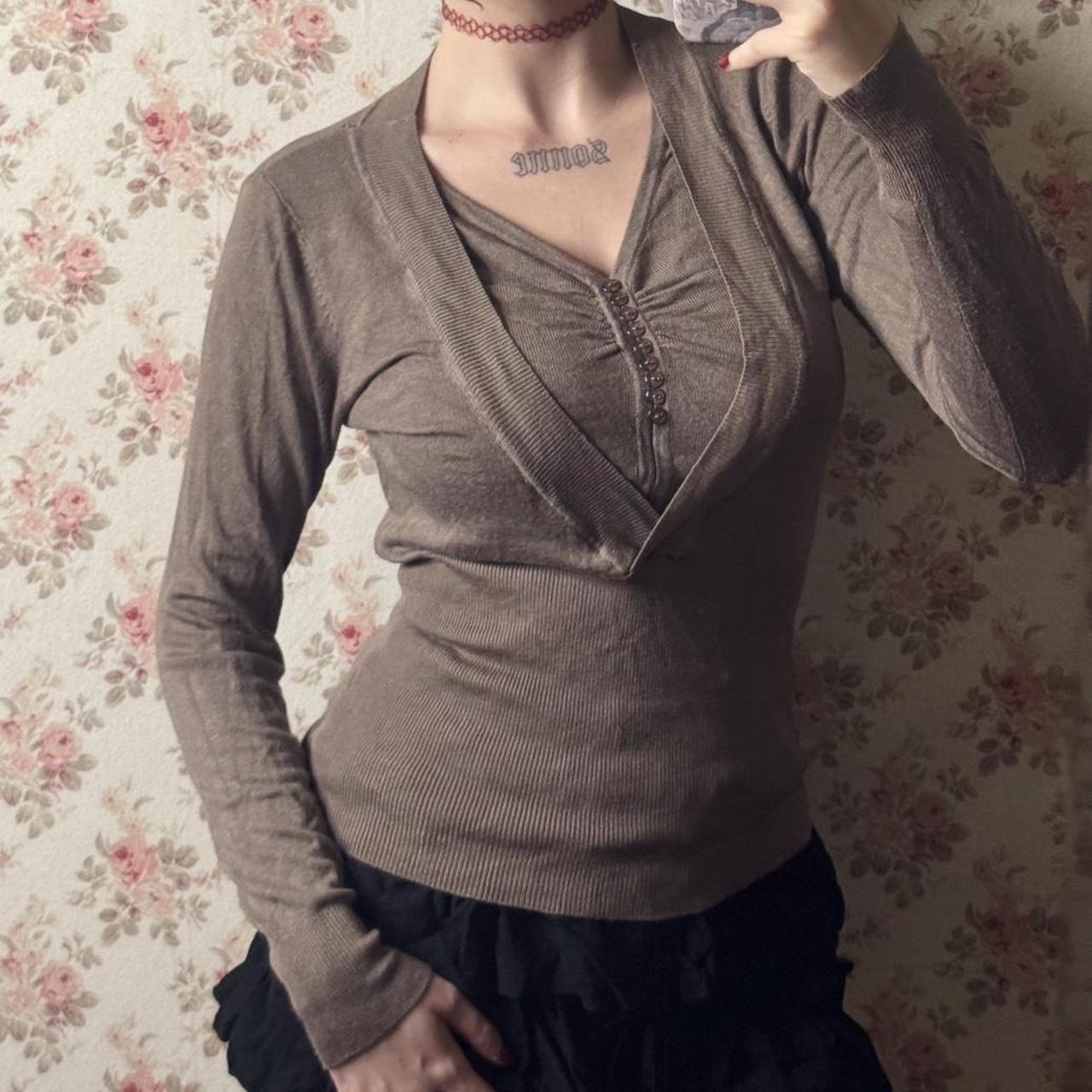 2000s preppy 2 in 1 brown stretchy knit layered... | Depop