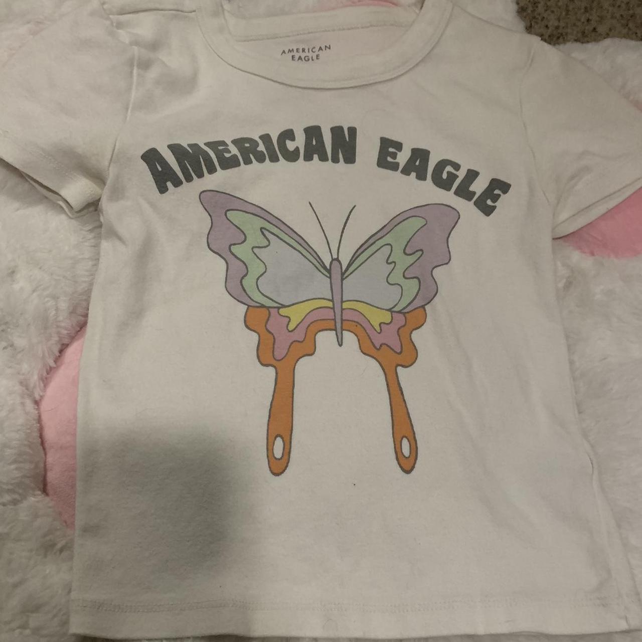 white american eagle baby tee with colorful butterfly - Depop