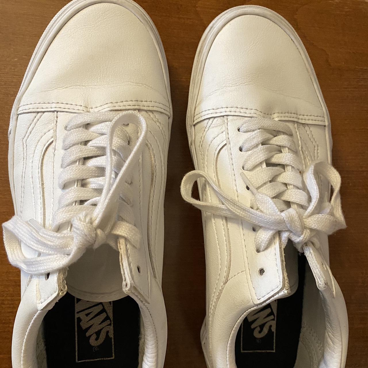 White leather old school vans in good condition... - Depop