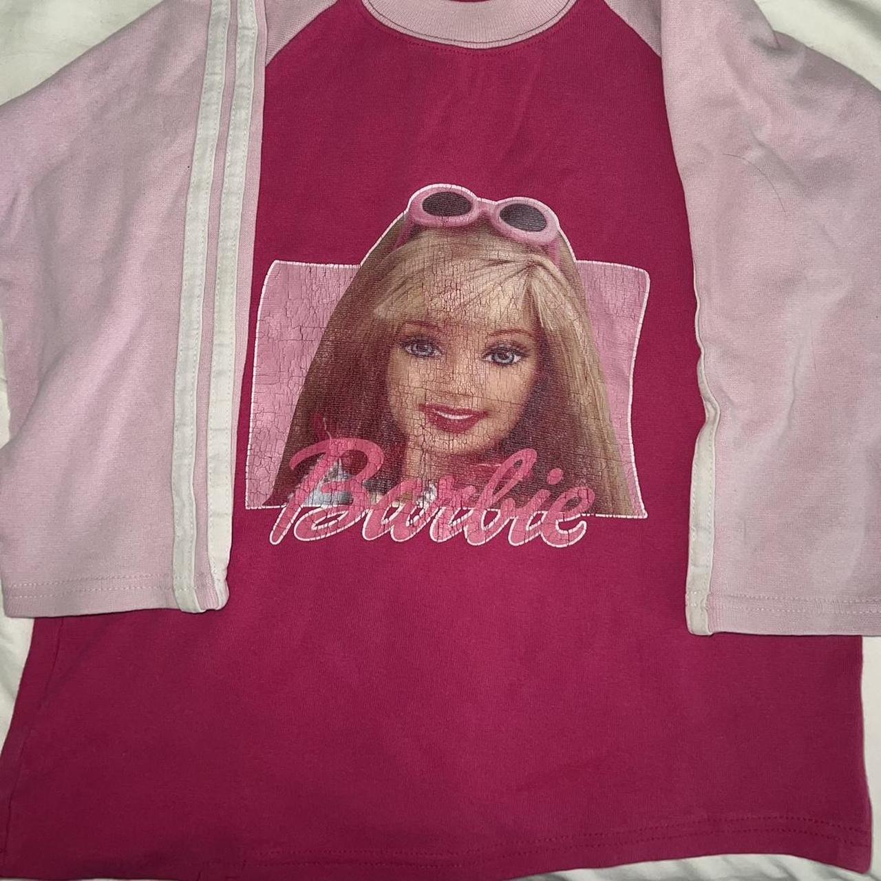 BARBIE TEE!!! 3/4 sleeve with white racer stripes.... - Depop