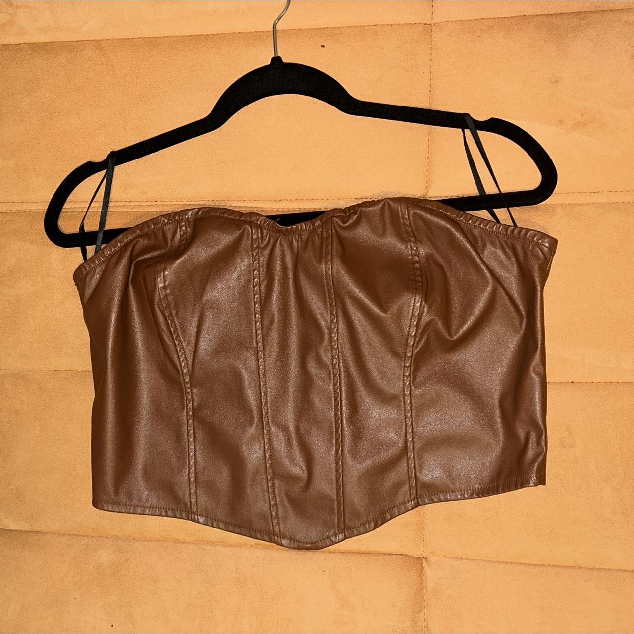 Brown Leather Crop Corset Top. Size X Large - Depop