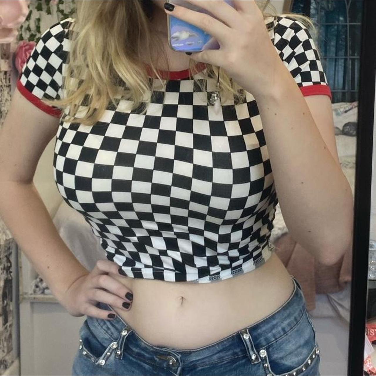 black and white checkered crop top... - Depop