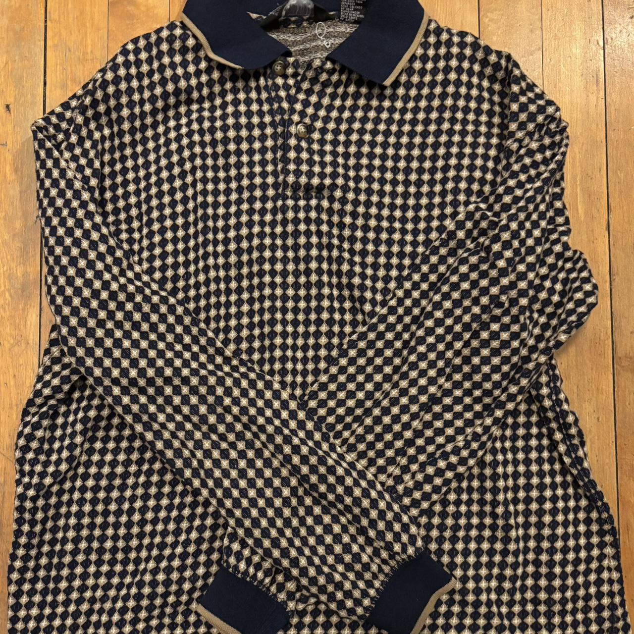 vintage navy blue and brown diamond long sleeve polo... | Depop