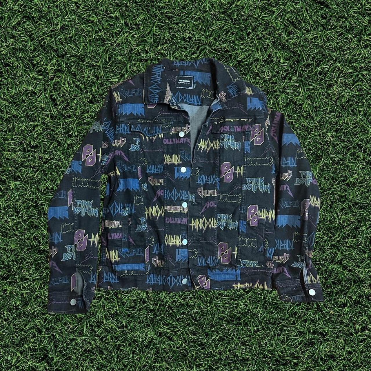 PINK DOLPHIN ALL OVER PRINT ROCK DENIM JACKET SZ... - Depop