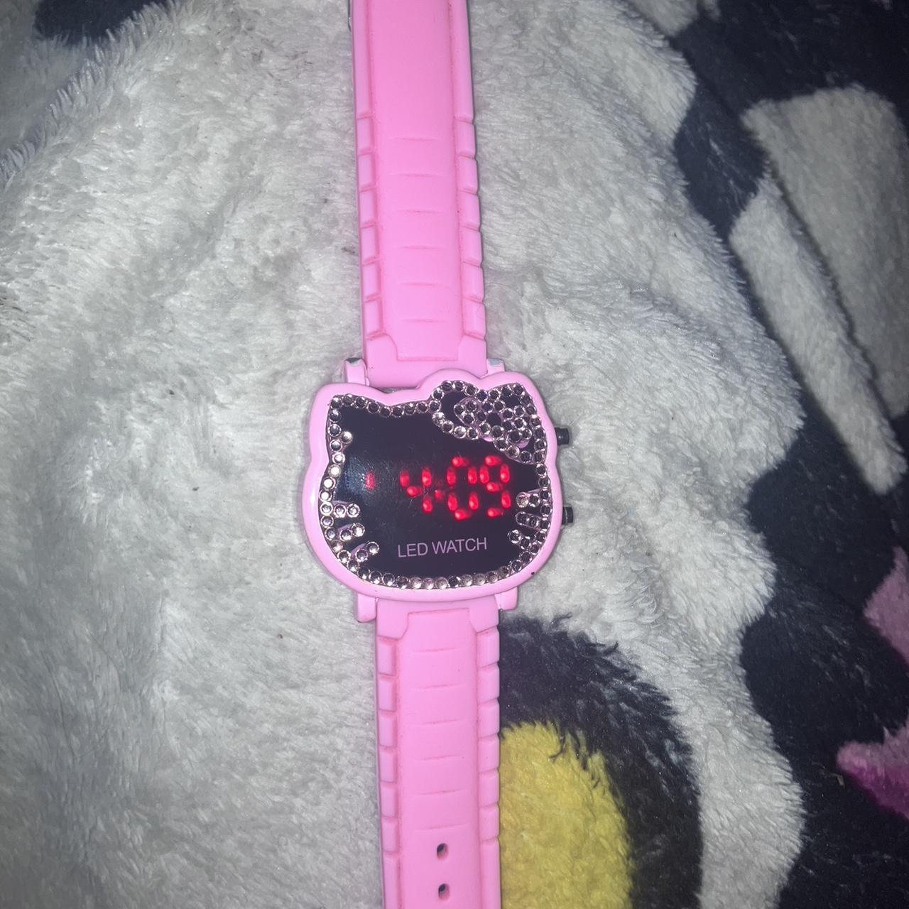 hello kitty 2000s style pink digital clock watch... - Depop