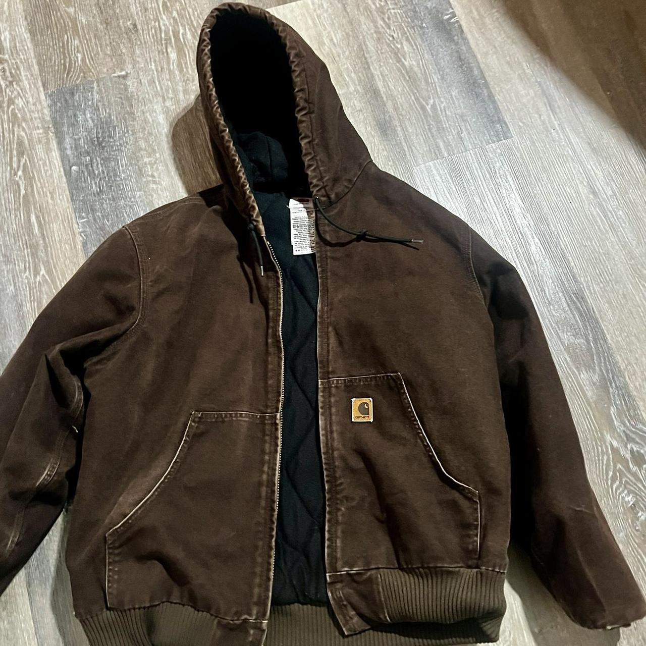 brown carhartt hooded jacket leather... - Depop