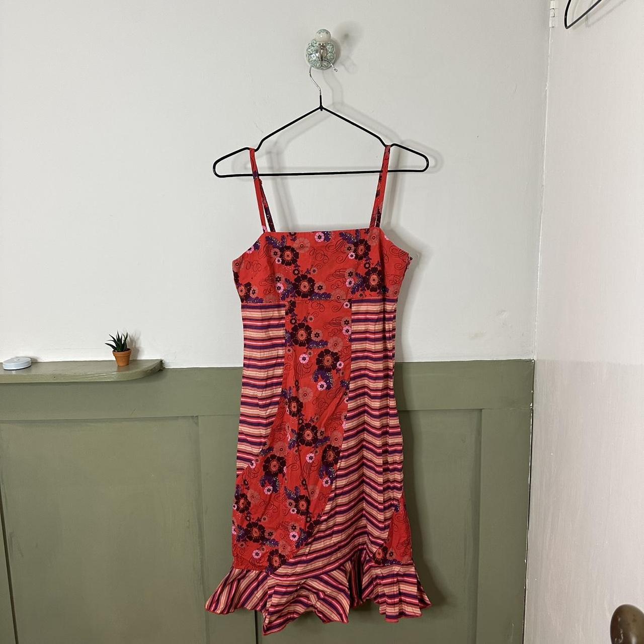 ICHI red purple floral striped patchwork print... | Depop