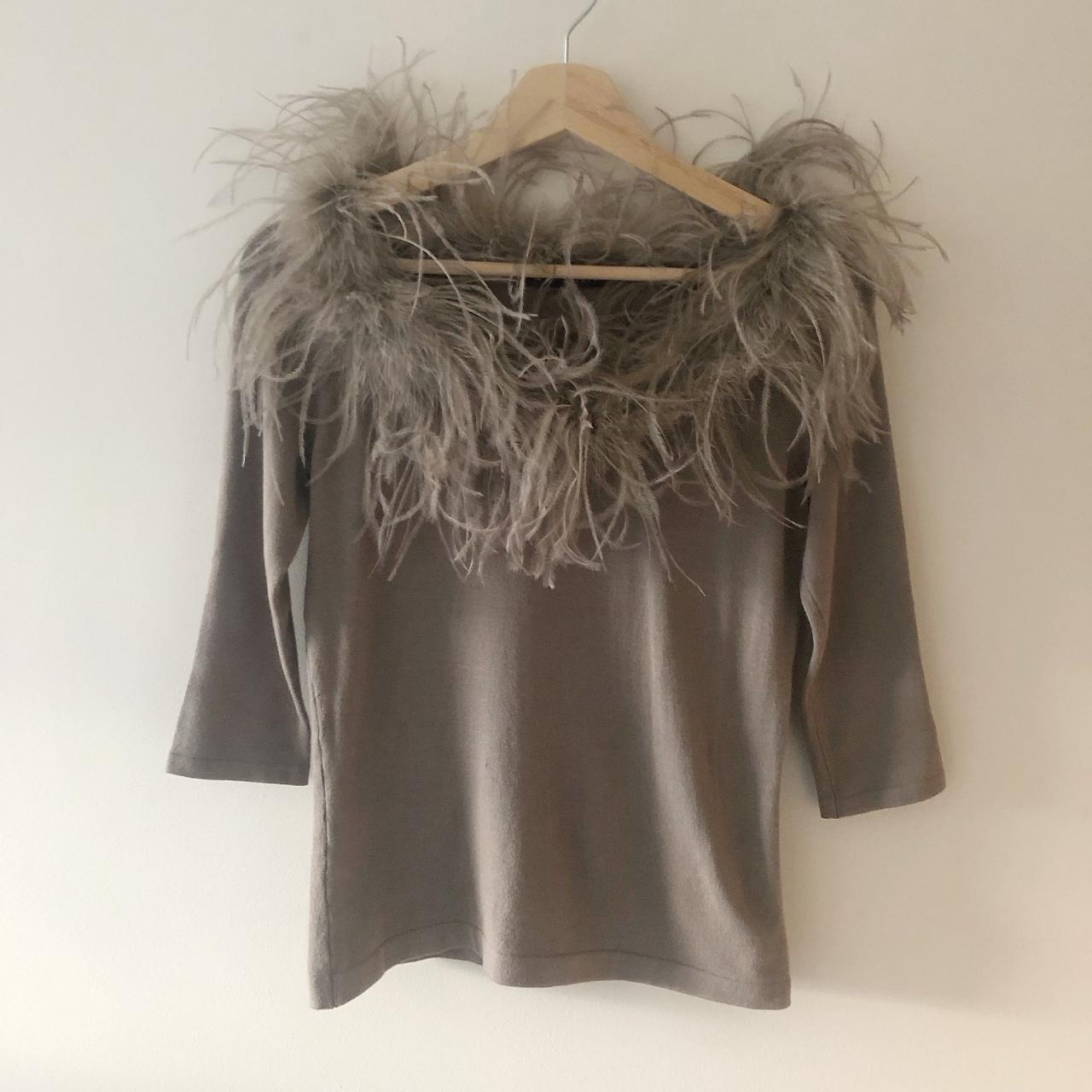Real Ostrich Feather Plume Taupe Soft Knit Stretch... - Depop