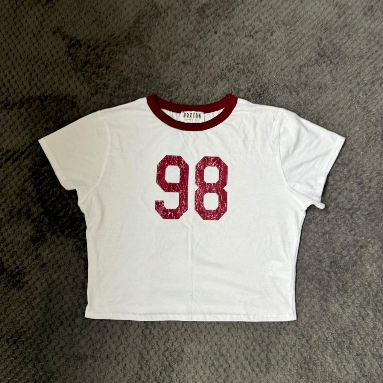 Red and white 98 distressed number crop top Size L... | Depop
