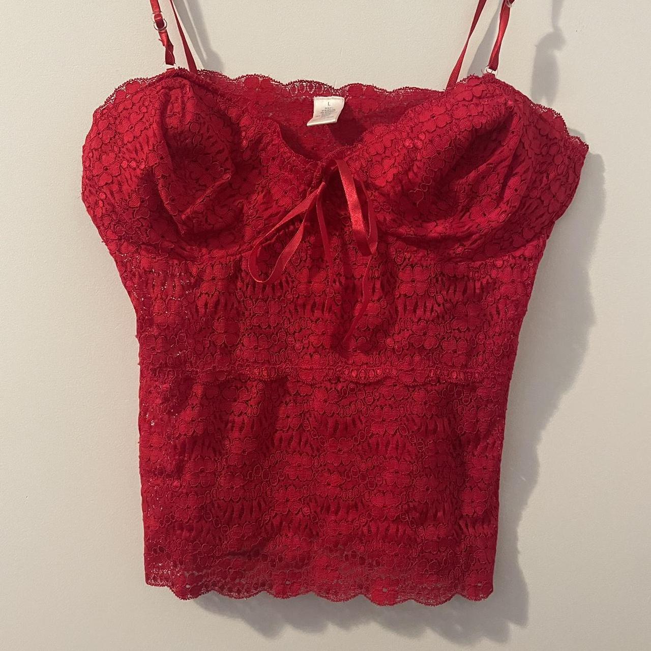 Bright red sheer lace bustier top with bow - Depop