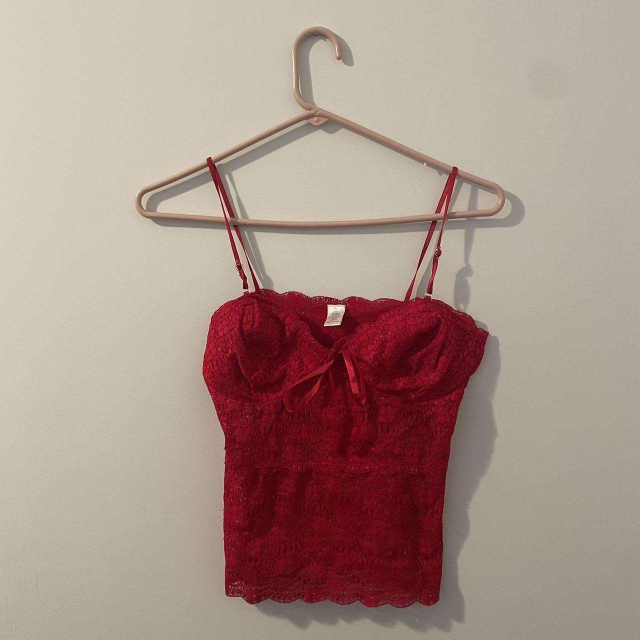 Bright red sheer lace bustier top with bow - Depop