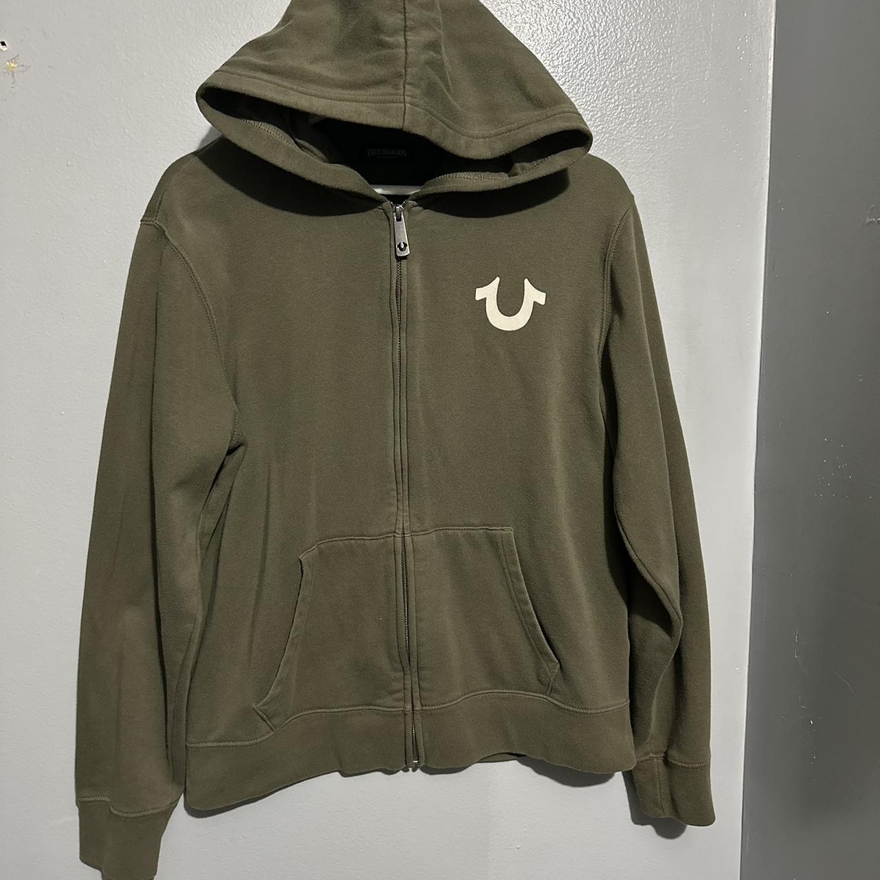 olive green TRUE RELIGION zip up (i removed the... - Depop
