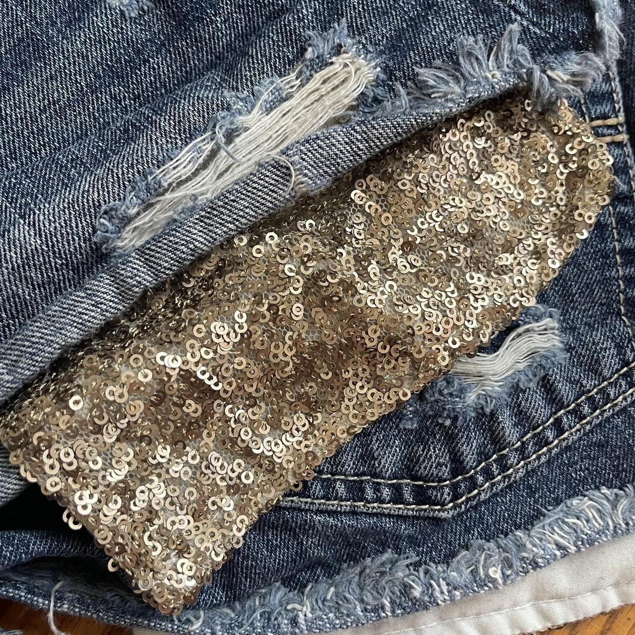 distressed micro cut off denim shorts with sequin... - Depop