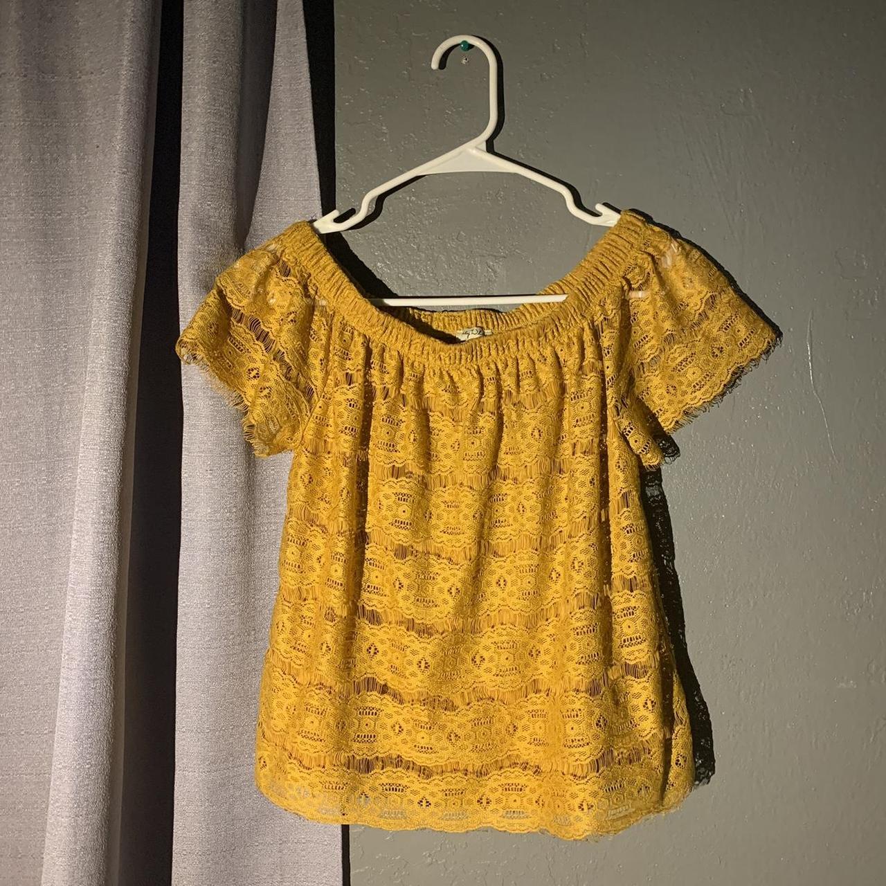 Lily and Lith yellow/orange off the shoulder top Up... - Depop
