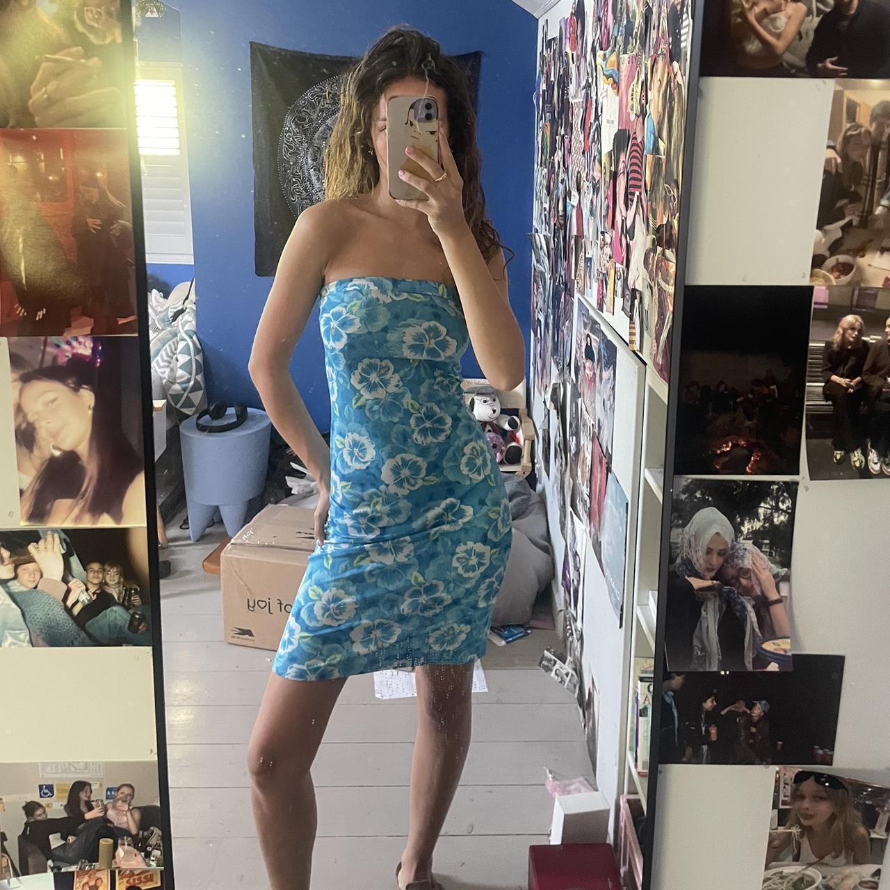 Vintage supre blue tube dress Hibiscus flower print... - Depop